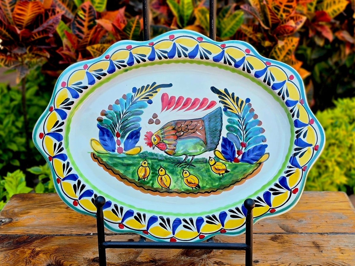 Mexican Ceramics Tray Rooster Family Cut Flat Platter 11.4*15.4" L ...