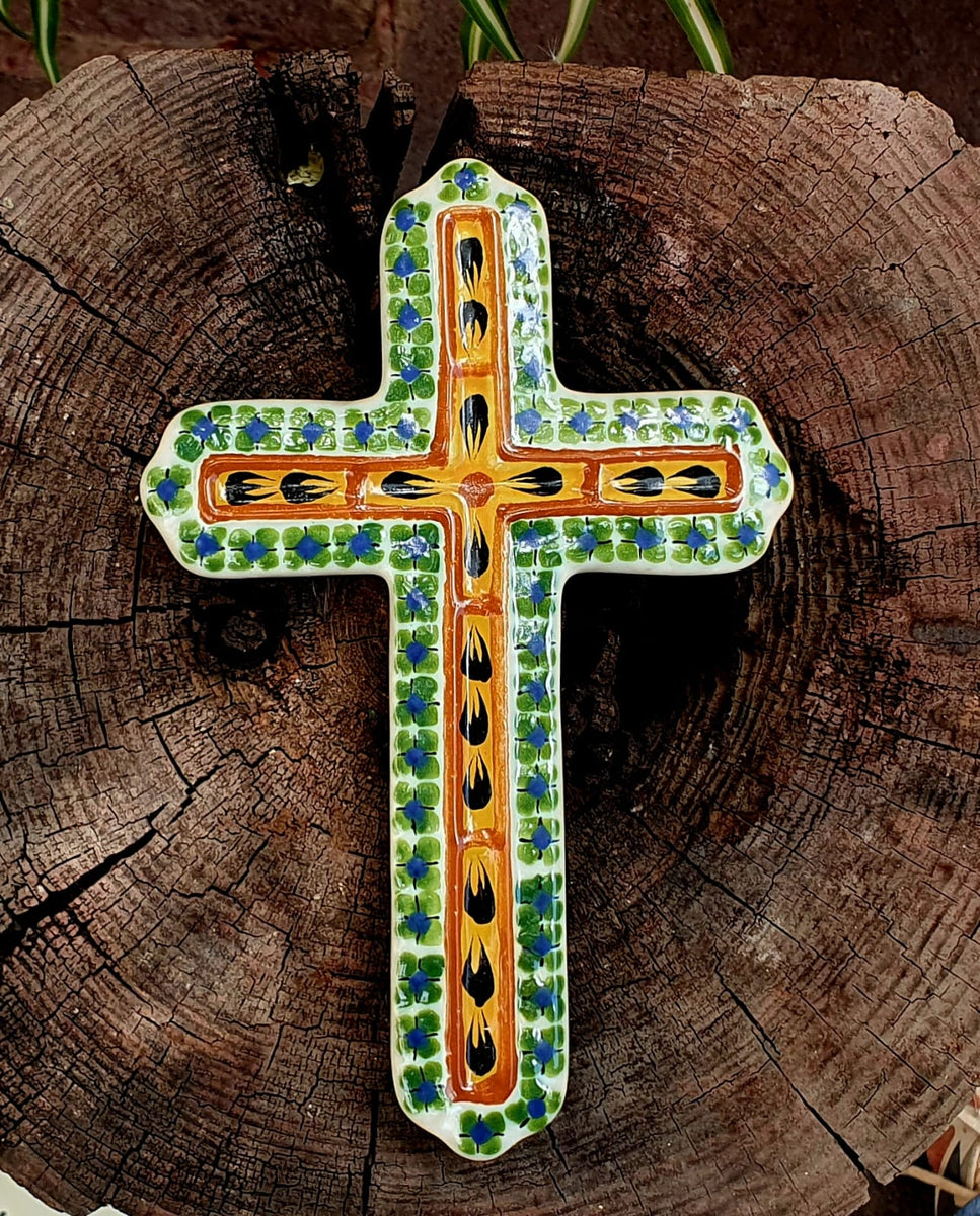 Mexican Pottery Medium Cross 9" Height Green-Blue Colors Decorative ...