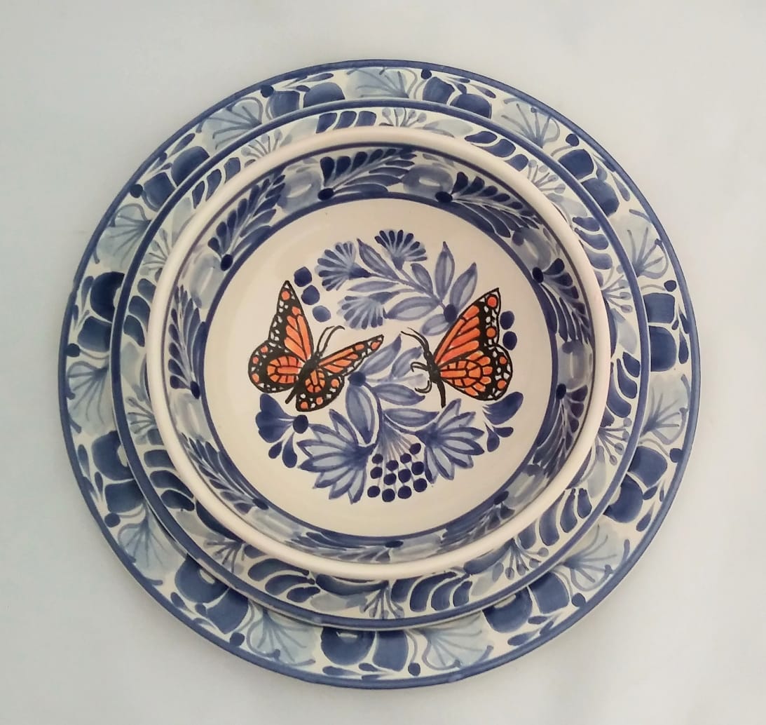 Mexican Dish Set (3 pieces) Pottery Monarch Butterfly Blue and White ...