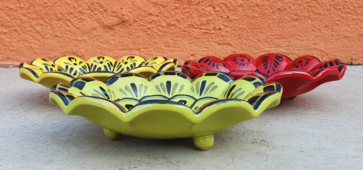 Mexican Ceramic Flower Footed Snack Dish 7" D Green-Yellow-Red ...