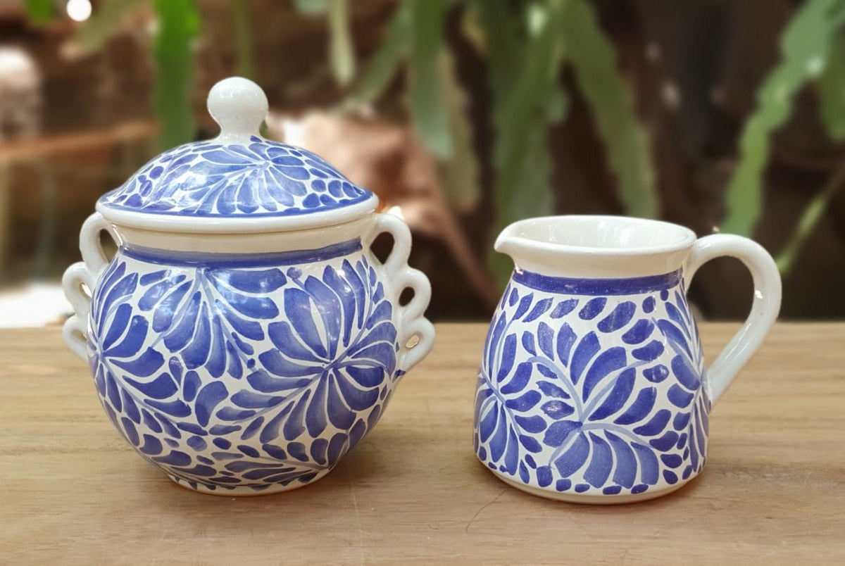 Mexican Pottery Sugar and Cream Set of 3 pieces Blue handcrafts ...